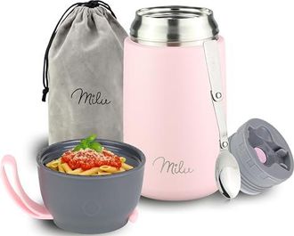 Milu Bo&icirc;tes Alimentaires Isothermes 450ml I 650ml I 800ml, Bo&icirc;te Isotherme Repas Chaud Porte-Aliments en Acier Inoxydable &agrave; Double Couche, Cuill&egrave;re Pliante