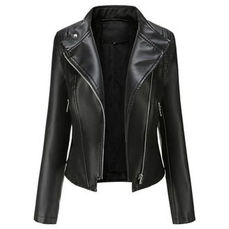Generic Veste de moto courte en cuir synth&eacute;tique pour femme avec col &agrave; revers et fermeture &eacute;clair, Noir, XXL