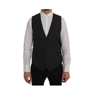 Dolce & Gabbana Gilet Gris &agrave; Rayures en Laine &Eacute;l&eacute;gant - Homme - Costumes - Noir - Taille: XL
