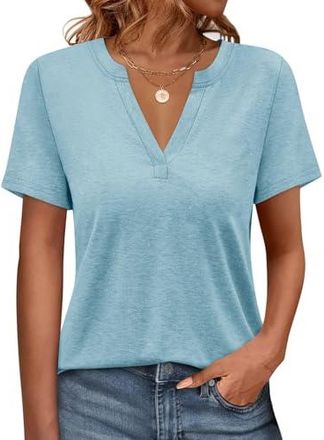 Onsoyours Tee Shirt Femme Col V Manches Courte T-Shirt Ete Décontracté Haut Basic Top A Bleu Clair XXL