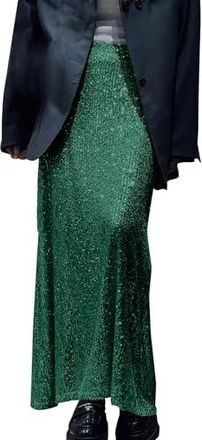 Generic Jupe amincissante &agrave; paillettes taille haute pour femme - Taille &eacute;lastique - Jupe droite taille haute - Plus, Vert, XXL
