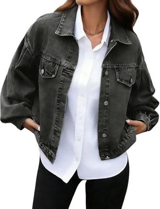 Generic Veste courte en jean pour femme, coupe ample, boutonn&eacute;e, tendance, manches longues, basique, veste en jean, gris, L