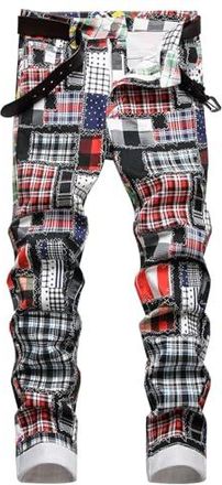 Generic Jean imprim&eacute; pour homme, jean &eacute;l&eacute;gant pour homme, pantalon classique en jean d&eacute;truit us&eacute;, coupe ajust&eacute;e, avec imprim&eacute;s patchwork, pantalon en jean ten