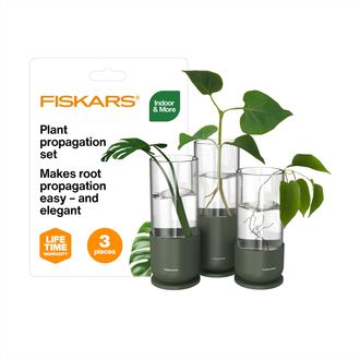 Fiskars Pflanzen Anzucht Set, 3 St&uuml;ck - Dekorative Glas-Anzuchtvasen mit Metallsockeln f&uuml;r Wurzelpflanzenstecklinge und Hydrokultur-Displays