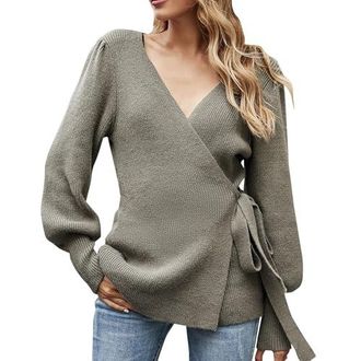 Generic Cardigan en tricot pour femme avec col en V et lien sur le c&ocirc;t&eacute; - &Eacute;l&eacute;gant, c&ocirc;tel&eacute;, tendance pour lautomne et lhiver, Vert, L
