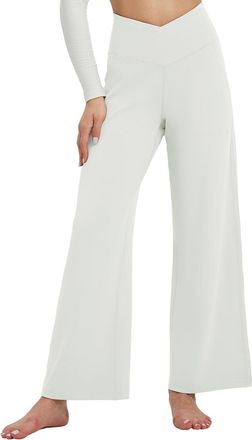 Baleaf Weite Hose Damen Yogahose mit Taschen Stoffhose Hohe Taille Jogginghose Straighthose Bauchkontrolle Schlaghose Sporthose Petite Weiß XXL