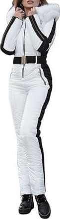Generic Combinaison de ski pour femme avec capuche en fausse fourrure, combinaison de ski de couleur unie, coupe ajust&eacute;e, thermique, une pi&egrave;ce, v&ecirc;tement de sk