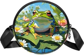 Generic Petit sac &agrave; bandouli&egrave;re rond pour femme, motif grenouille avec fermeture &eacute;clair, bretelles r&eacute;glables, sac &agrave; main rond d&eacute;contract&eacute; pour femmes et fille