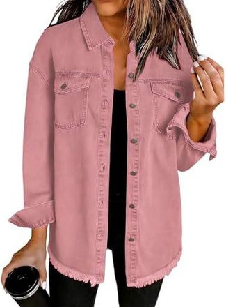 Generic Veste d&eacute;contract&eacute;e en jean &agrave; manches longues pour femme avec ourlet effiloch&eacute;, rose, XXL