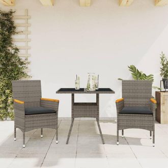 vidaXL 3-tlg. Garten-Essgruppe mit Kissen Grau Poly Rattan und Glas - Vidaxl