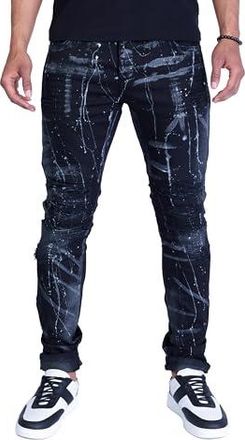 Kingz Jean de motard décontracté pour homme, coupe ajustée, noir/argenté, 33W / 33L