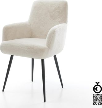 DELIFE Esszimmerstuhl Heira-Flex mit Armlehnen Pl&uuml;sch Creme-Wei&szlig; 4-Fu&szlig; konisch Schwarz Taschenfederkern, Esszimmerst&uuml;hle