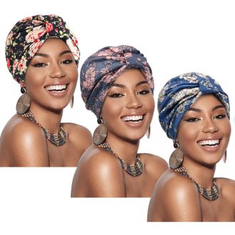 Satinior Turban Mode für Frauen Vorgebunden Knot Kopfwickel Kappe Weichen Haarausfall Mütze (Blau, Grau, Schwarz)