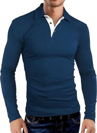 Generic Polo à manches longues pour homme, coupe classique, manches raglan, couleur unie, revers boutonné, coupe ajustée, haut de golf décontracté pour homme,