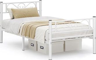Vasagle Cadre de Lit 90 x 190 avec Sommier M&eacute;tal, Lit 1 Personne, en M&eacute;tal, Montage Facile, pour Petits Espaces, Chambre dAmis, Chambre Ado, Blanc RMB061W01