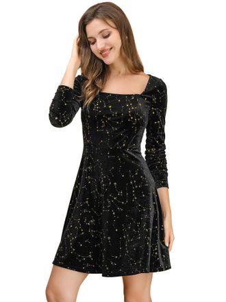 Allegra K Damen Weihnachten Sterne Quadratischer Ausschnitt Vintage Samt Minikleid, Schwarz, Mittel