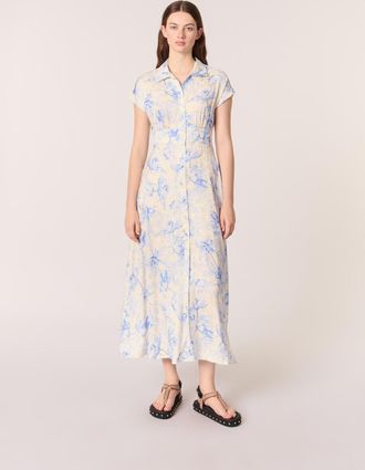 Maje Robe Longue Imprim&eacute;e - Imprime Fleur Bleue Fond Ecru - Taille 36 - Maje
