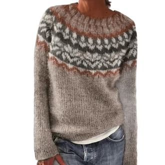 Generic Pull Tricot&eacute; Fair Island Femmes Grande Taille Vintage &Agrave; Manches Longues Pull Ras du Cou Pull Hiver Automne Hauts D&eacute;contract&eacute;s Pulls Molletonn&eacute;s(Camel,
