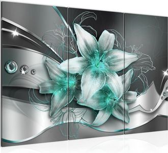 Runa Art Wandbilder Blumen Lilien Bild XXL Wohnzimmer Schlafzimmer Schwarz T&uuml;rkis Abstrakt 120 x 80 cm 3 Teilig 039631b