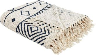 Beliani Kuscheldecke Beige u. Blau Baumwolle 200 x 220 cm Modern mit Fransen Handgewebt Schlafzimmer Wohnzimmer Accessoire Deko &Uuml;berwurf Wohndecke