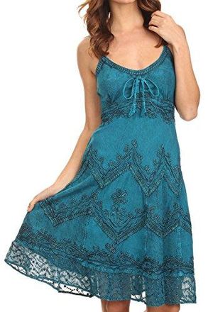 Sakkas 4031 Stonewashed Rayonne brod&eacute;s r&eacute;glables Bretelles Robe mi-Longueur- Turquoise Bleu - S/M