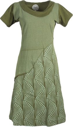 vishes Alternative Bekleidung - Damen Kurzarm Lagenlook Kleid Hippie Streifen Punkte Muster Olive 42-44