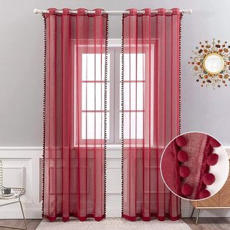 Miulee 2er Set Vorhang Sheer mit Ösen Transparente mit Pompons Gardine aus Voile Polyester Ösenvorhang Transparent Wohnzimmer Luftig Dekoschal für Schlafzimm