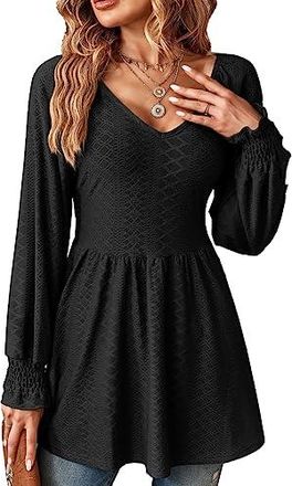 TOMWELL Haut Femme Manches Longues Couleur Unie Automne Blouse Élégant Décontracté Imprimé Chemisier Grande Taille Pas Cher Pullover Tops B1 Noir XXL