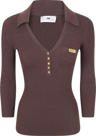 Elisabetta Franchi Femme, Pulls, Brun, Taille: 40 FR Polo en maille micro-tress&eacute;e