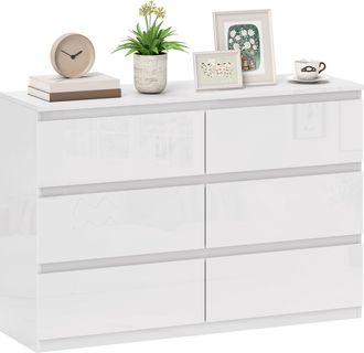 HOMCOM Kommode mit 6 Schubladen, Schlafzimmerkommode, Kommode f&uuml;r Wohnzimmer, B&uuml;ro, Flur, moderner Stil, kippsicher, 112 x 34 x 75 cm, gl&auml;nzendes Wei&szlig;