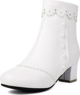 Generic Bottines Élégantes À Bout Rond pour Femmes avec Décor De Perles Garniture Festonnée Talons Mi-Blocs Fermeture Éclair Latérale Chaussures Décontractées