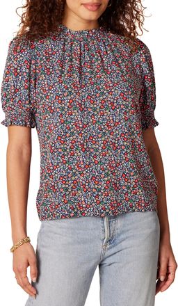 Amazon Essentials Damen Hemd Aus Fluid Twill Mit Kurzen Puffärmeln Und Smockdetails, Marineblau Multi Ditsey Wiese, XXL