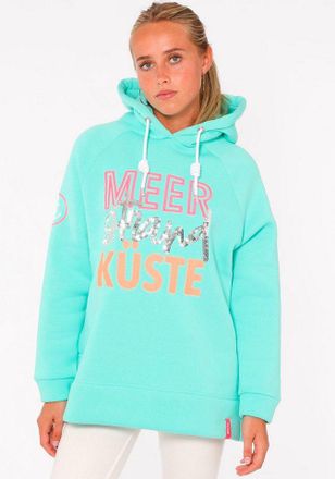 Zwillingsherz Hoodie Meer Strand K&uuml;ste mit Kapuze, Pailletten-Schriftzug und aufgesticktem Anker-Motiv