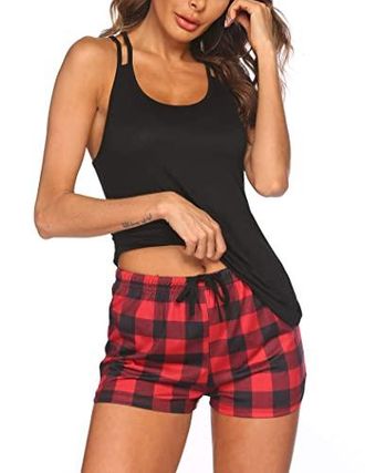 Ekouaer Pyjama Femme Été Coton Court Ensembles de Pyjama Décolleté en U Confortable Loungewear