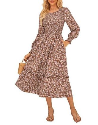 Kate Kasin Robe Fleurie D&eacute;contract&eacute;e &Agrave; Col Rond Et Taille Haute &Eacute;lastique pour Femme Manches Lanternes Marron XXL