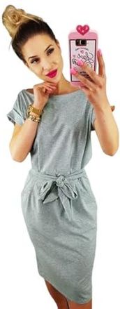 Zeagoo Robe crayon pour femme - Robe moulante - Manches courtes - Élégante - Pour cocktail, bureau, fête, loisirs - Avec ceinture, gris clair, XL
