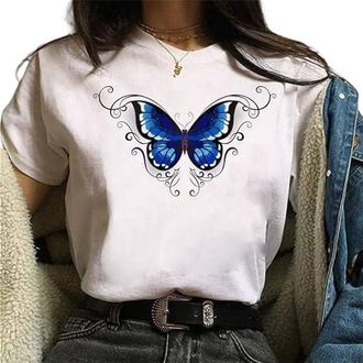 Keephen Vibrant Papillon T-Shirt Femmes Belle Color&eacute; Papillon Impression 3D Manches Courtes Blouse Casual Col Rond Tee Tops