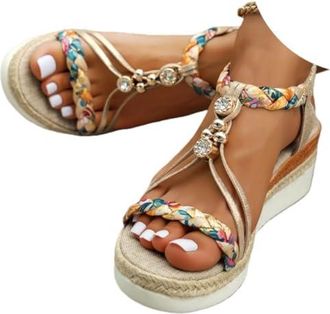 Generic Sandales de plage boh&egrave;me pour femme - Style boh&egrave;me - Avec perles et strass - Sangle de cheville &eacute;lastique - Bout ouvert - Chaussures plates d&eacute;t&eacute; - &Eacute;l&eacute;