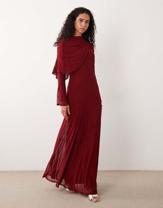 Asos robe longue en tulle avec encolure drap&eacute;e superpos&eacute;e, couleur bordeaux-Rouge