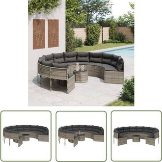 vidaXL Gartensofa mit Tisch und Kissen Rund Grau Poly Rattan - Gartenm&ouml;bel - Outdoor Sofa - Rattan Gartenm&ouml;bel - Gartensofa - Lounge Set - The Living Store