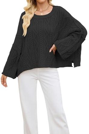 Generic Pull court surdimensionn&eacute; &agrave; col ras du cou en tricot torsad&eacute; avec longues manches &eacute;vas&eacute;es pour lautomne et lhiver - Pull d&eacute;contract&eacute; et doux pour femm