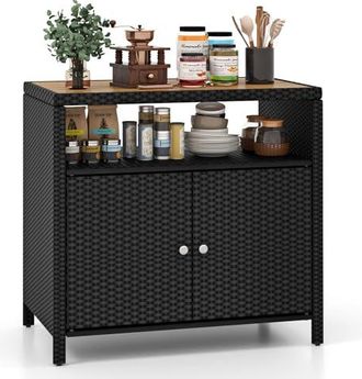 Giantex Armoire de jardin buffet en rotin avec plan de travail et étagère, armoire dappoint pour jardin, balcon et piscine, 90 x 53 x 86 cm, noire