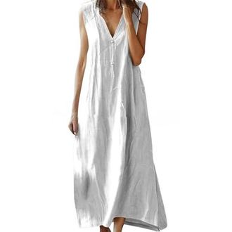 Generic Robe longue d&eacute;t&eacute; pour femme avec boutons en coton et lin avec col en V - Robe d&eacute;contract&eacute;e sans manches - Coupe ample - Robe de plage avec poches, bla
