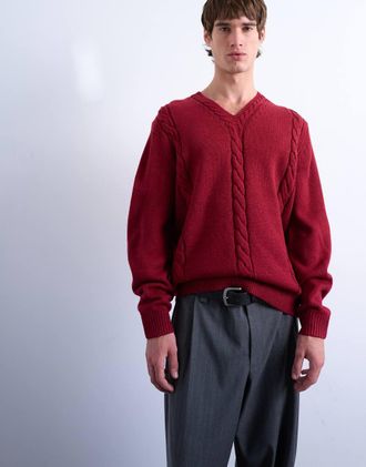 Topman Pull d&eacute;contract&eacute; en maille torsad&eacute;e avec col V - Rouge