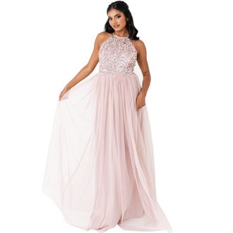 Maya Damen Frosted Embellished Halter Neck Pink Maxi Bridesmaid Dress, Frosted Pink, 34 EU (Herstellergr&ouml;&szlig;e: 6)