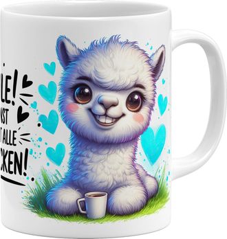 OM3 Lustige Alpaka Kaffee-Tasse mit Spruch - L&auml;chle! Du kannst sie nicht alle anspucken! - Statement - Keramik Becher - 325ml - Rundumdruck - Weiss
