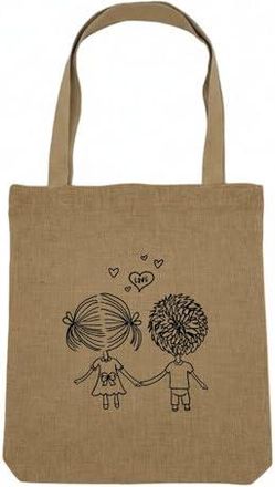 Fabulous Sac Shopping Tote Bag Aspect Lin - LOVE Dessin Couple se Tenant par la Main Coeur Illustration Saint Valentin - Sac de Courses Toile Epaisse 360g Beig