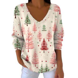 Generic HUIFUAO - Haut de Noël en tricot pour femme avec imprimé sapin de Noël amusant - T-shirt de Noël grande taille - Tenue de Noël élégante à col rond et 