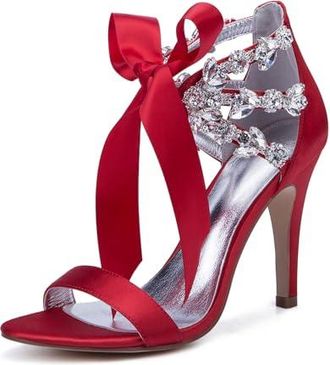 Generic Femmes Mari&eacute;e Aiguille Talon Heel Ouvert Bout Lani&egrave;res Hauts Sandales Mariage Dress Chaussures Dress F&ecirc;te 10.5 CM,Rouge,38 EU