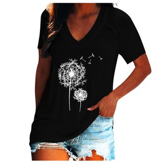 Generic blusen Damen Sommer t Shirt Damen v Ausschnitt Löwenzahn Bedrucktes Tiefer V-Ausschnitt Kurze Ärmel Oberteile T-Shirt Basic Baumwolle Tee Shirt top Da